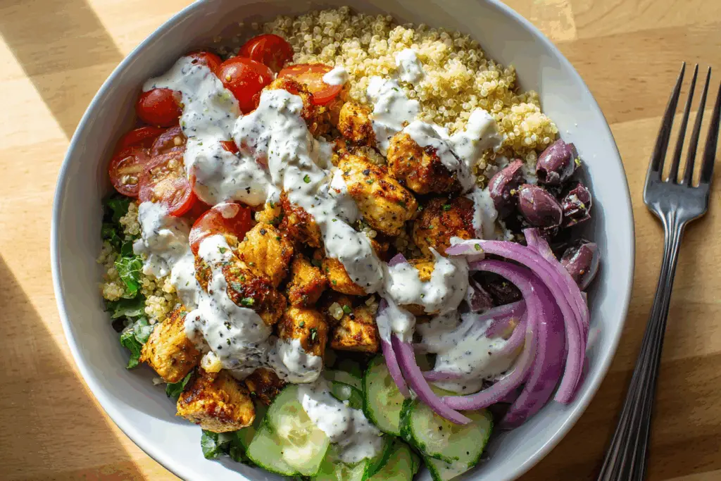 Perfect Greek Chicken Grain Bowl Recipe With Tangy Feta Sauce - Recipe Bite